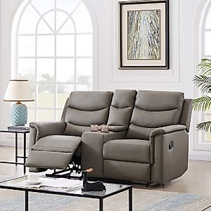 Eafurn Faxu Leather Love, Manual Double Reclining Loveseat Sofa, Home Theater Seating with Storage Console, Wall Hug RV Couch with Cup Holders for Living Room Furniture Sets, Grey