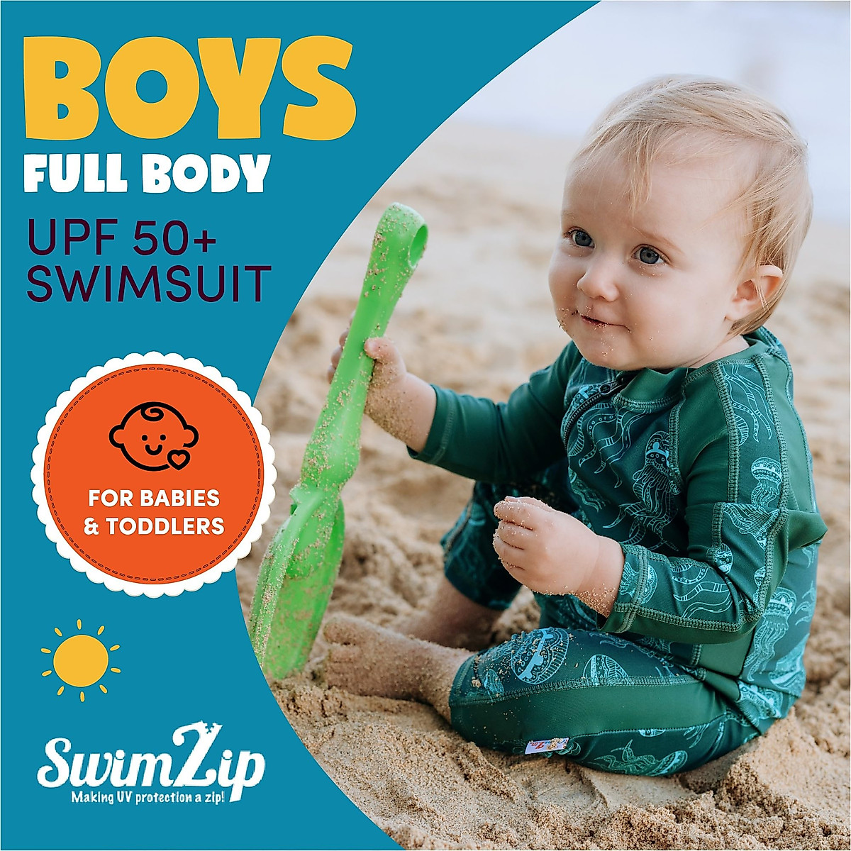 SwimZip Boys' Long-Sleeve UPF 50+ Swimsuit for Baby, Toddler, & Little Boys