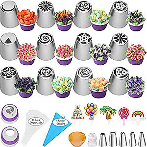 Russian Piping Tips 56 Pcs Cake Decorating Kit, 12 Flower Piping Tips, Leaf Icing Frosting Tips Nozzles Pastry Bags Baking Supplies Kit for Cupcake Cookies Birthday Party Baking Gifts