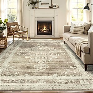 8x10 Area Rugs for Living Room Washable, Neutral Vintage Rug Large for Dining Room Bedroom Carpet Farmhouse Non Slip Low Pile Pet Friendly Area Rug 8 by 10 Indoor - Beige