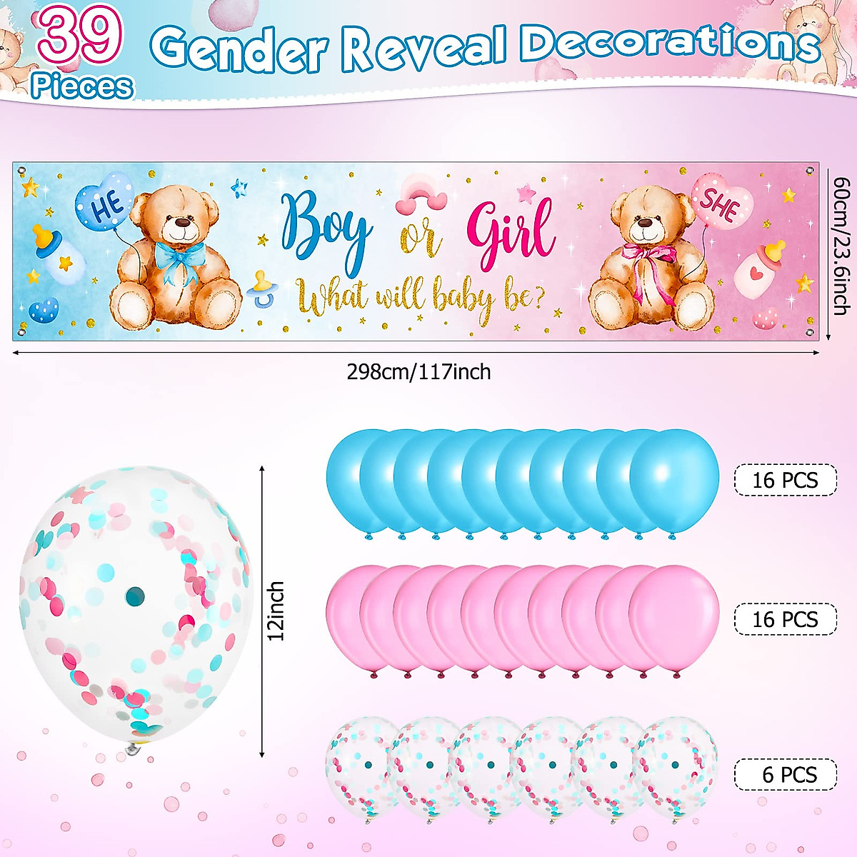 39 Pieces Gender Reveal Banner and Balloon Set Gender Reveal Party Decorations Boy or Girl Yard Sign Banner with Blue and Pink Balloons Gender Reveal Party Decoration Party for Baby Shower