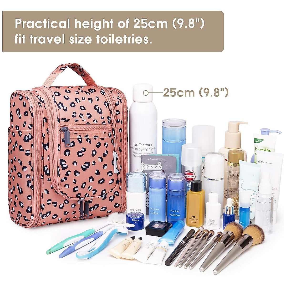Narwey Small Hanging Cheetah Toiletry Bag Women Travel Makeup Bag Organizer Toiletries Bag for Travel Size Essentials Accessories Cosmetics (Medium, Orange Leopard)