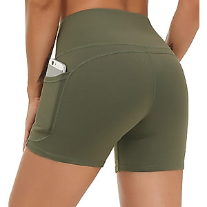 THE GYM PEOPLE High Waist Yoga Shorts for Women's Tummy Control Fitness Athletic Workout Running Shorts with Deep Pockets (Small, Olive Green)