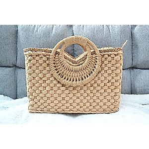 QZUnique Hand-woven Straw Bag Women Summer Beach Handbag Casual Satchel Retro Top Handle Tote Clutch