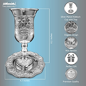TALISMAN4U Silver Plated Kiddush Cup with Matching Tray Jewish Shabbat Cup on Base and Saucer Set Ornate Grape Design Judaica Gift