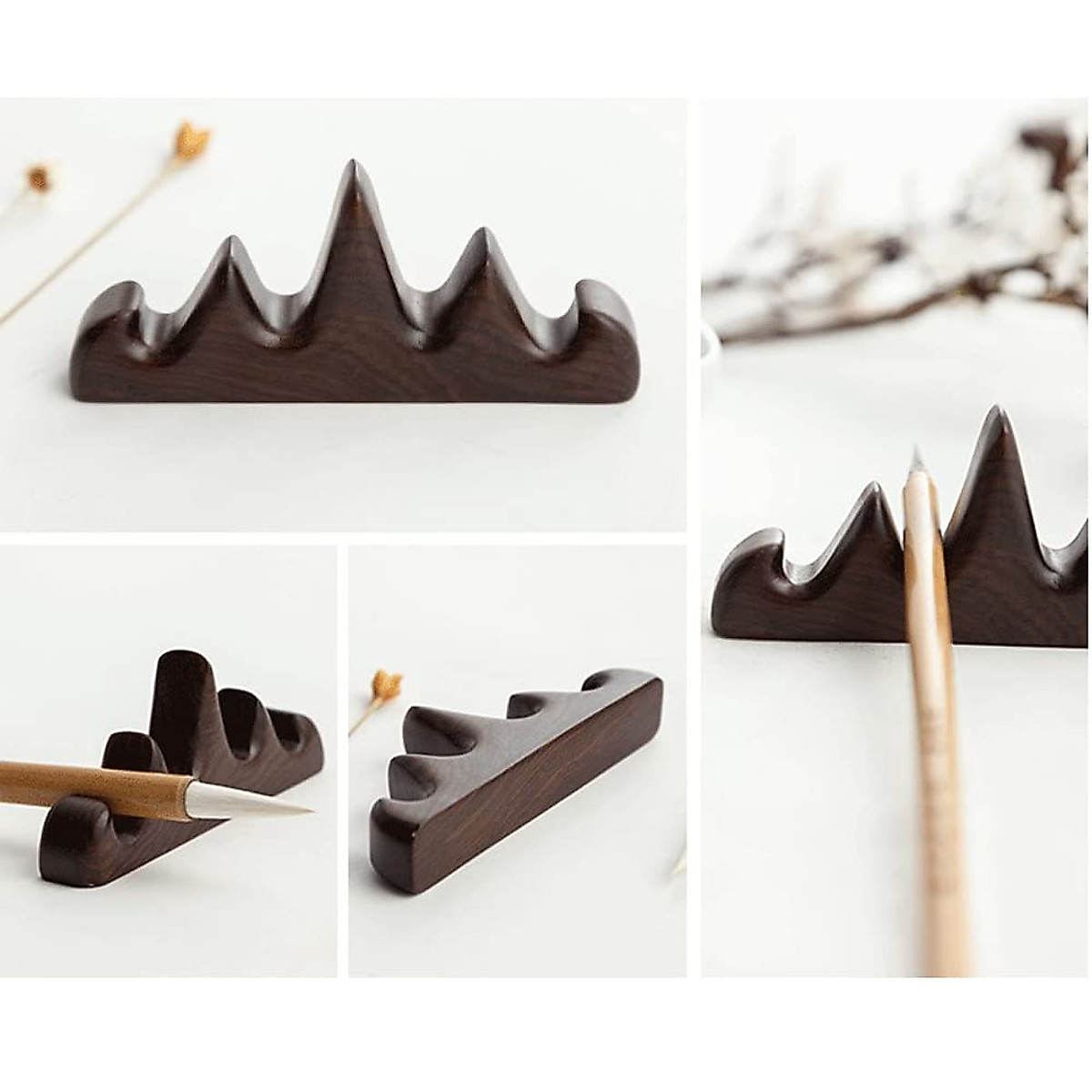 UtySty 2 Pack Paint Brush Holder Chinese Calligraphy Brushes Rest Stand Support Wooden Montain Non Rolling Keeper for Paintbrush Pens Paintbrushes Ink Writing Painting Drawing Art Watercolor Pencils