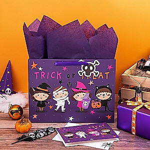 WRAPAHOLIC 13" Halloween Large Gift Bag with Card and Tissue Paper - Adorble Child and Trick or Treat Lettering Design