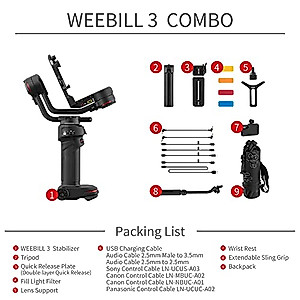 ZHIYUN Weebill 3 Combo - 3-Axis Professional Video Stabilizer Camera Gimbal Stabilizer for DSLR and Mirrorless Camera, Compatible with Sony Canon Nikon Panasonic, L-Shape Body, Built-in Light & Mic