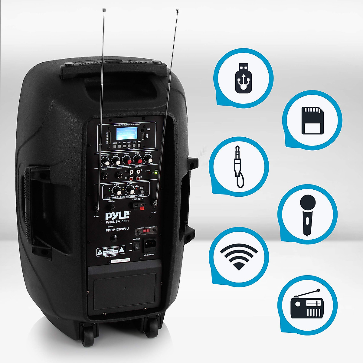 Pyle PPHP1299WU.5 Karaoke Portable PA Speaker System - 1000W Active Powered Wireless Bluetooth Compatible Outdoor Speaker W/Rechargeable Battery, Wheels, USB MP3 RCA, 2 UHF Microphone, Remote, Black