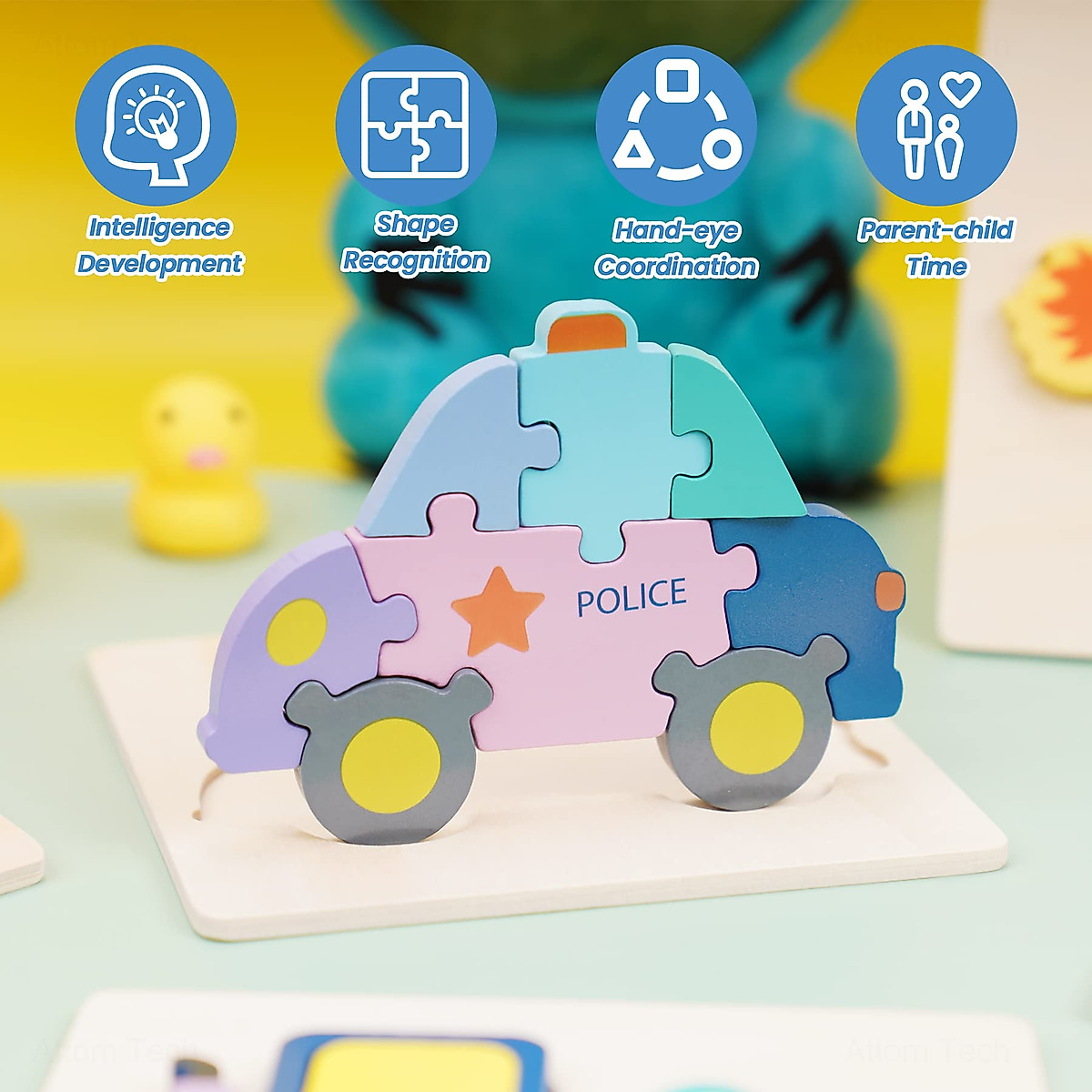 NiToy Wooden Jigsaw Puzzles for Kids, 5 Pack Vehicle Shapes Montessori Building Block Puzzle Toys for 3+ Years Old Boys and Girls Preschool STEM Early Learning Educational Games Gift for 36 Months+