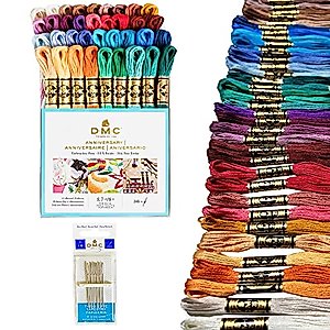 DMC Embroidery Floss, Anniversary Collection Pack. 36 Colors Cotton Embroidery Thread Bundle with Hand Embroidery Needle Size 18. Premium Cross Stitch String Set. Yarn Kit, DMC Mouline Threads.