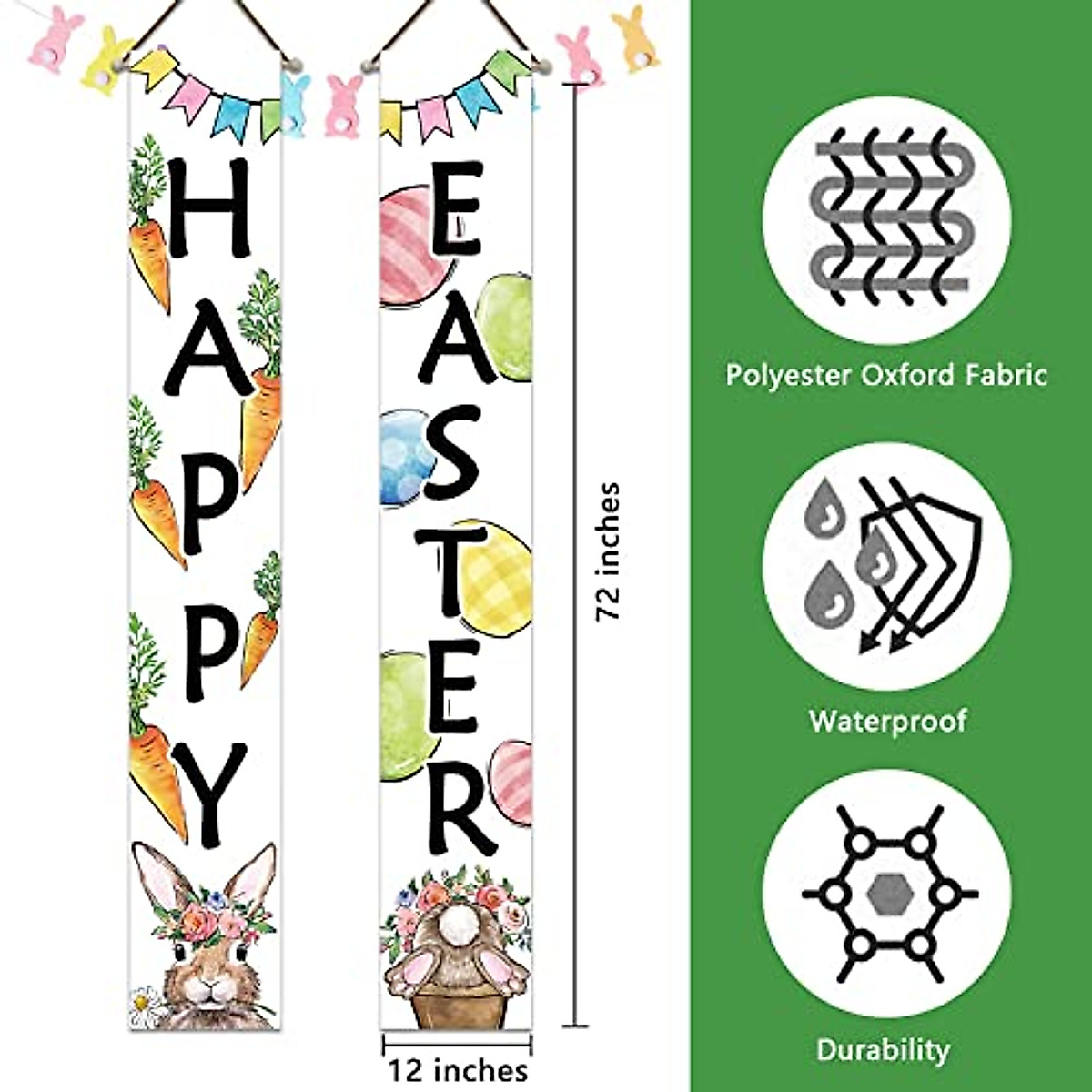Deroro Happy Easter Bunny Rabbit Porch Banner Sign, Eggs Carrot Front Door Decorative Hanging Welcome Banner Flag, Seasonal Spring Decoration Home Outdoor Decor