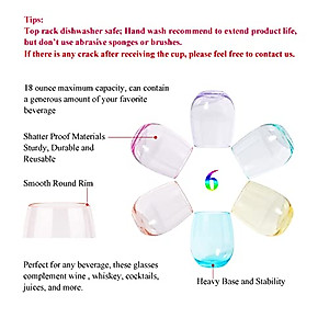 KOXIN-KARLU Classic 18-ounce Acrylic Stemless Wine Glasses, Unbreakable Mixed Drinkware Plastic Tumbler, set of 6 Mutlicolor