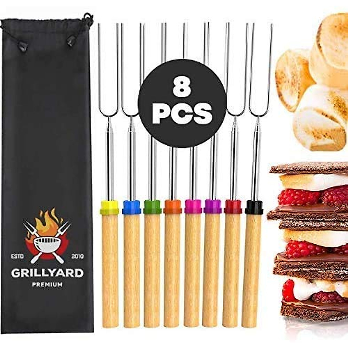 Marshmallow Sticks – 8 pcs Roasting Sticks for BBQ, Campfire, Fire Pits, Camping – Durable Stainless Steel Smores Sticks with Wooden Handles – Practical and Easy to Use