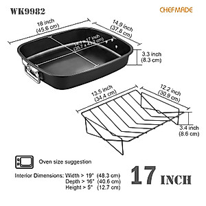 CHEFMADE Roasting Pan, 17-Inch Non-Stick Large Roasting Pan for Turkey, Roaster Lasagna Pan with V Rack Rectangular Deep Dish Oven-BBQ Bakeware for Oven Baking 17.1" x 14.1" x 3.3" (Black)