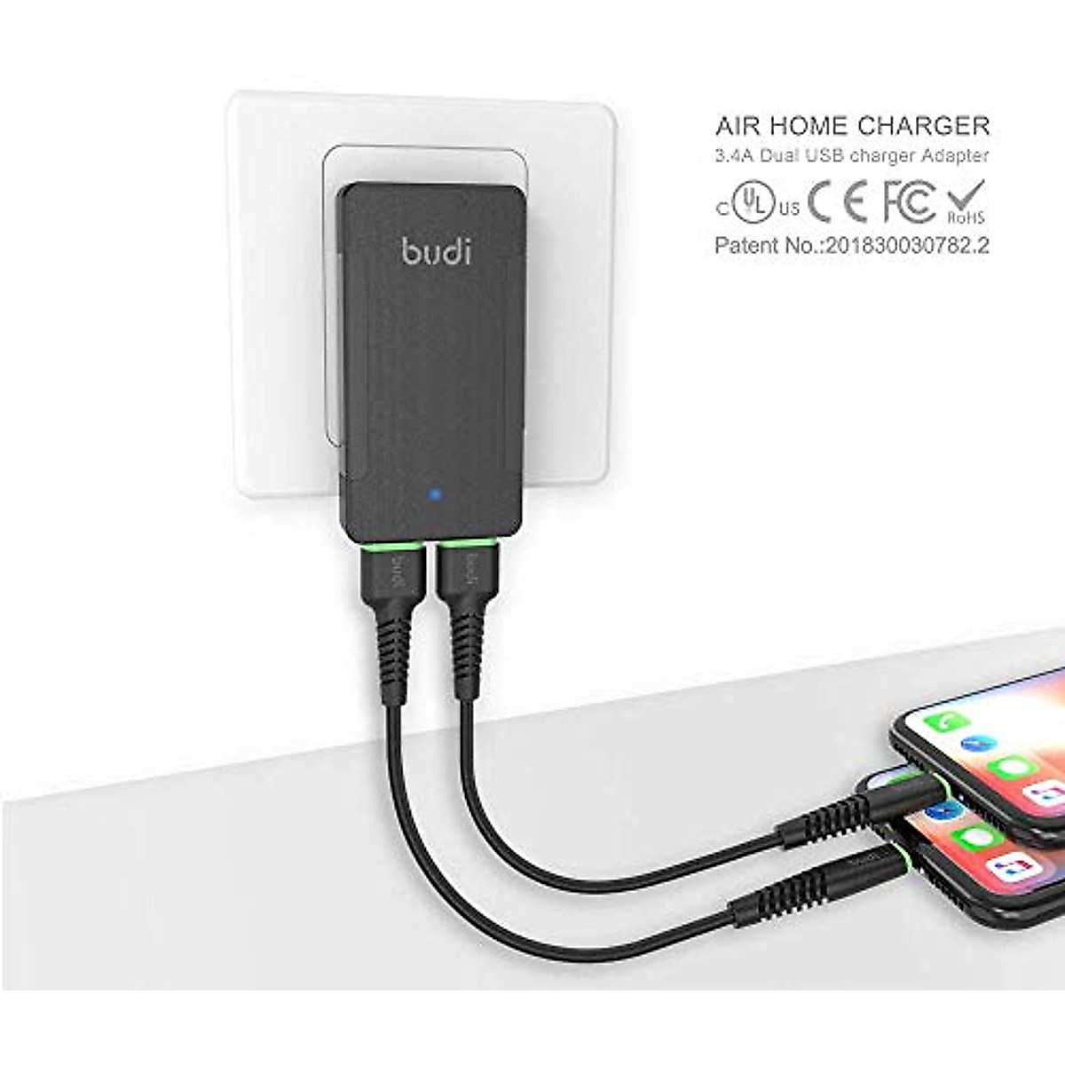BUDI 17W Extra Slim Portable Wall Charger 2-Port USB-A Charger 3.15 x 1.57 x 0.4 inches (Black USB-A)