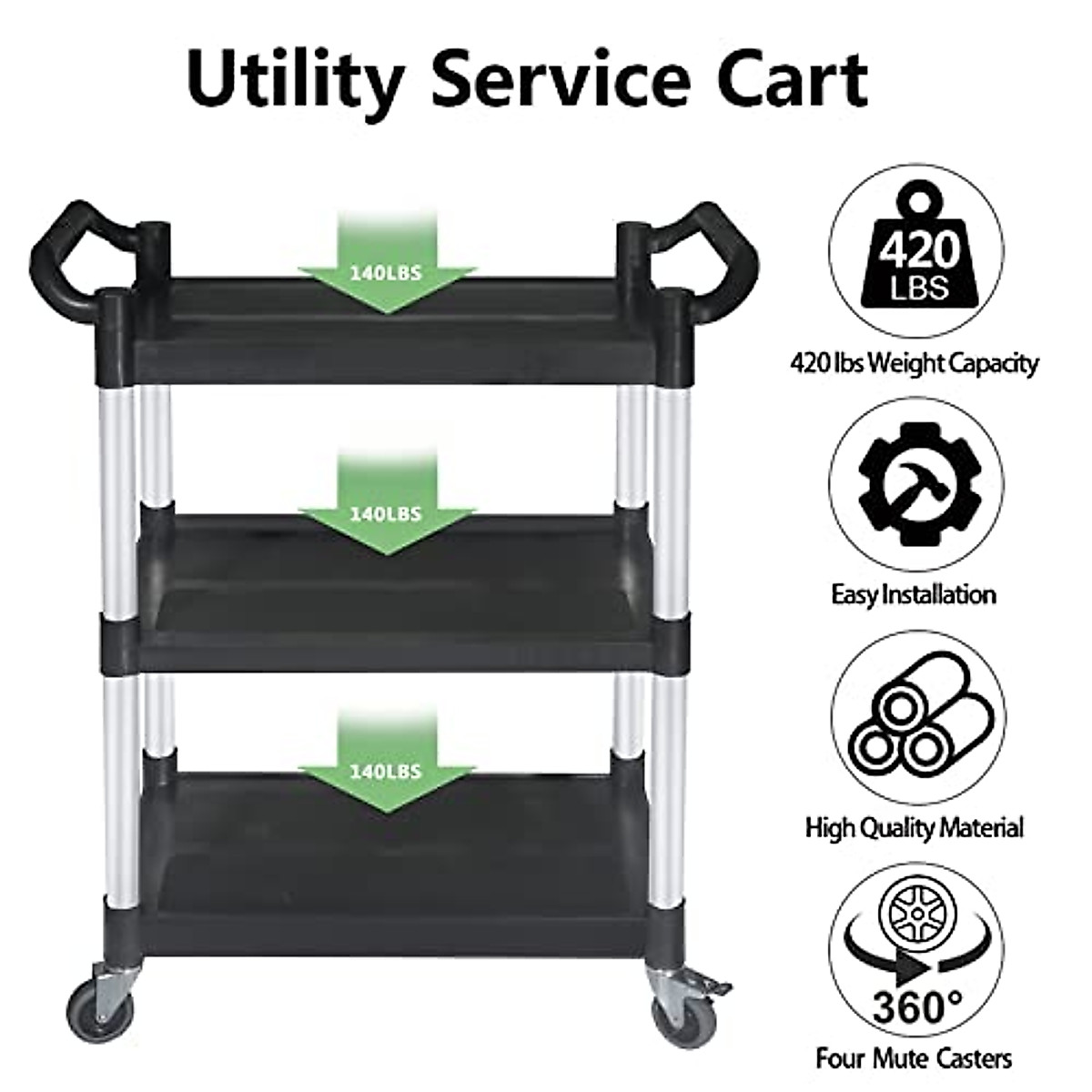 GOLDCAN Utility Carts with Wheels, Heavy Duty Rolling Carts Food Service Cart, 3-Tiers Plastic Cart with Rubber Hammer for Restaurant, Classroom, Warehouse