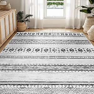 BESTSWEETIE 8x10 Area Rugs for Living Room Washable Moroccan Farmhouse Neutral Geometric Low Pile Non-Slip Soft Print Pattern Rug for Bedroom Kitchen Dining Room Entryway Grey/Black/Navy