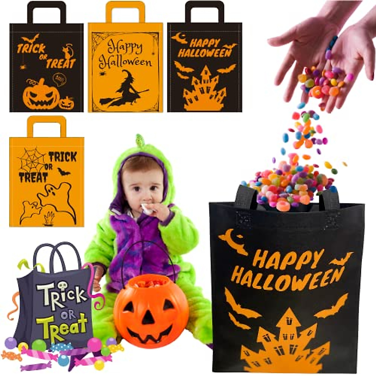 Crethinkaty 12 Packs Halloween Trick or Treat Non-woven Tote Bags, Pumpkin Spider Bat Witch Haunted House Reusable Goodie Treat Bags with Handle for Halloween Party Favors for Kids - 12*10IN