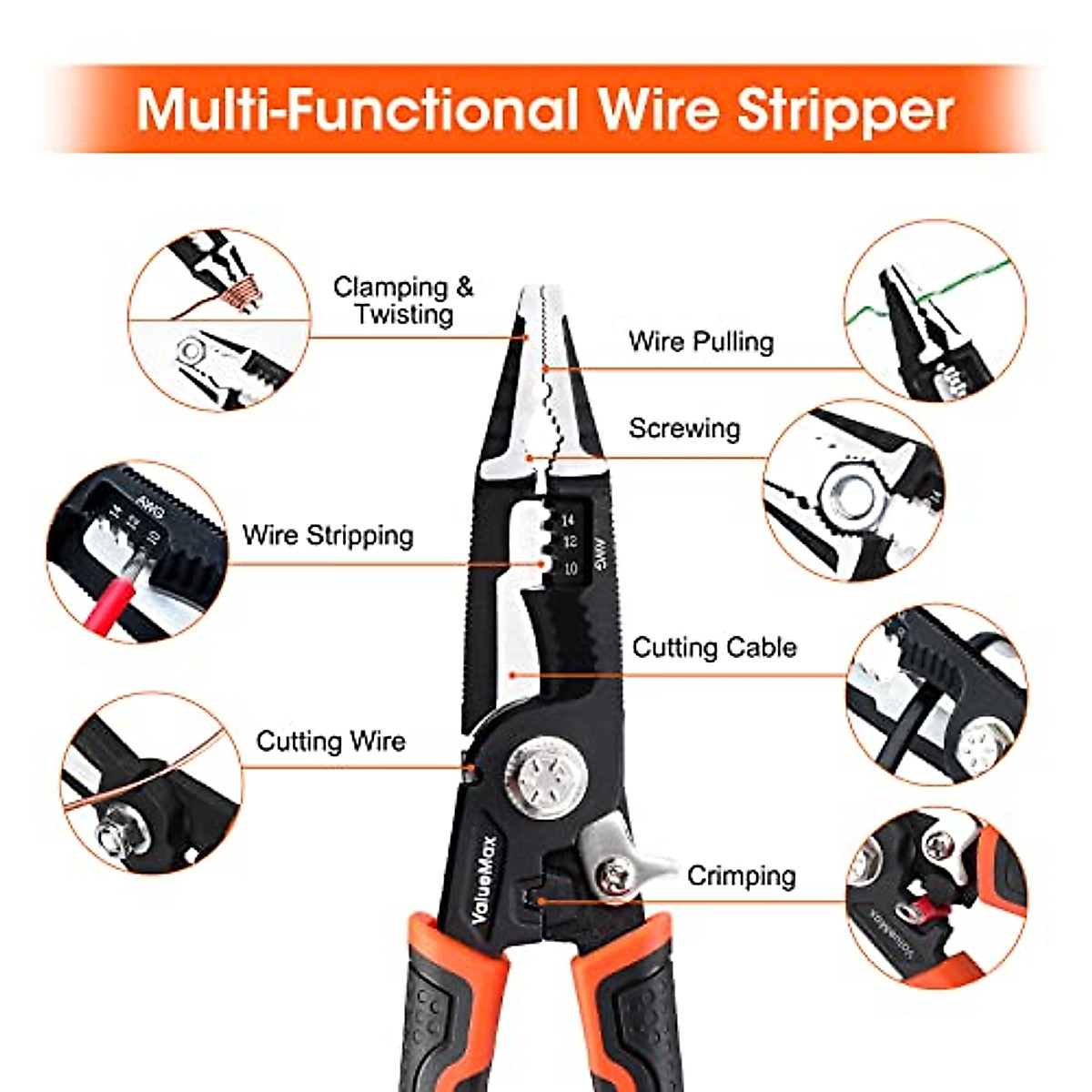 ValueMax 6-in-1 Wire Stripper, 8.5" Wire Stripper and Crimping Tool, CR-V Multifunctional Professional Wire Stripper Cutter for Electric Cable