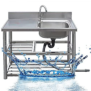 Utility Sink Free Standing Catering Commercial Sink Single Bowl Stainless Steel Sink with Workbench and Double Storage Shelves Cold and Hot Faucet for Outdoor Indoor Restaurant Laundry. (Color : Hot