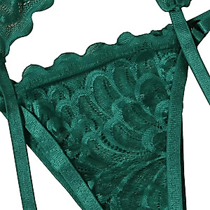 Lilosy Sexy Choker Floral Lace Scallop Sheer Underwire Push Up Garter Belt Lingerie Set for Women See Through Bra and Panty 3 Piece Army Green X-Small