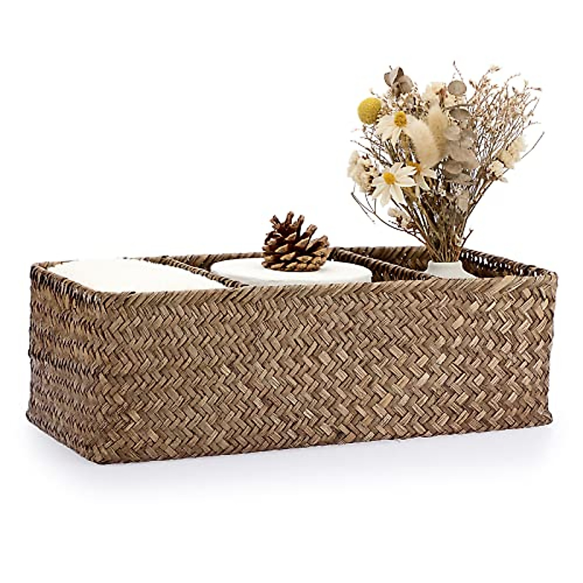 Sumnacon Bathroom Organize Basket, Seagrass Toilet Tank Basket with Section for Tissue Toilet Paper Towel Toiletries, Woven Storage Basket for Kitchen Toilet Tank Vanity Table Shelf Countertop, Coffee