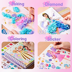 MIROLA KIDS 4 in 1 Fashion Design Book for Girls, Fairy Theme Puzzle Puncture Painting with Poking, Diamond, Watercolor Painting, Stickers, Dress-up Activity Book, Craft Kit for Age 4-12