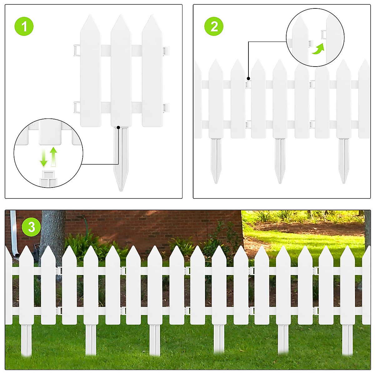 ELECLAND 6 Pieces Garden Fence with 6 Pieces Fence Insert White Plastic Fence Garden Picket Fence Edgings Lawn Flowerbeds Plant Borders Decorative Garden Yard