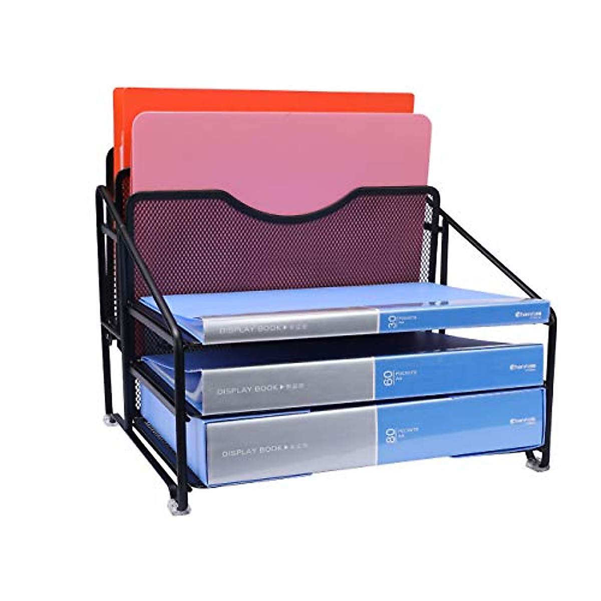 EasyPAG Mesh Desk Organizer with 3 Tier Letter Tray and 2 Vertical File Holder,Black