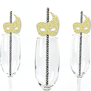 Big Dot of Happiness Gold Glitter Masks Party Straws - No-Mess Real Gold Glitter Cut-Outs & Decorative Masquerade Mardi Gras Party Paper Straws - Set of 24