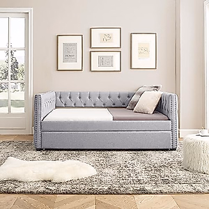 Sofa Bed, Sleeper Sofa- 2 in 1 Pull Out Couch Bed, Sofa Sleeper with Pull Out Bed, with Button and Copper Nail on Square Arms，Full Daybed & Twin Trundle, Grey（85“x57”x31.5“）