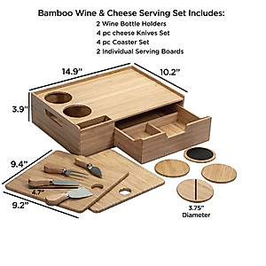 MV Bamboo Wine & Cheese Serving Tray Plus Drawer for Extra Storage Includes Coasters, Cheese Knives, Serving Boards & Handles for Easy Carrying