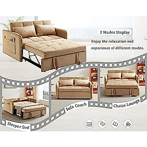 Velvet Pull Out Sleeper Sofa, Convertible Futon Sofa Bed with USB Port, Modern Pullout Couch with Pillows and Pockets, Upholstered Small Loveseat for Living Room, Guest Room (Khaki)