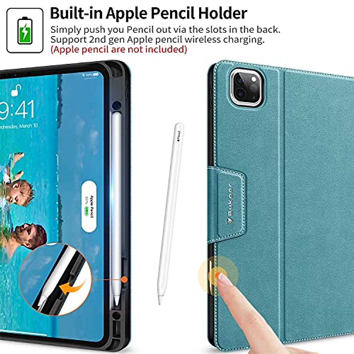 BuKoor iPad Pro 12.9 inch Case 6th/5th/4th/3rd Generation with Apple Pencil Holder, PU Leather Folio Smart Stand Magnetic Clasp Shockproof Cover for iPad Pro 12.9 2022/2021/2020/2018(Tempo Green)