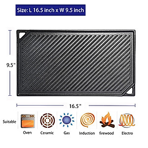 Leship Cast Iron Rectangular Reversible Griddle for Oven, Stove Tops, Grill and Others, 16.5'' x 9.5'' Double-sided Griddle Plate