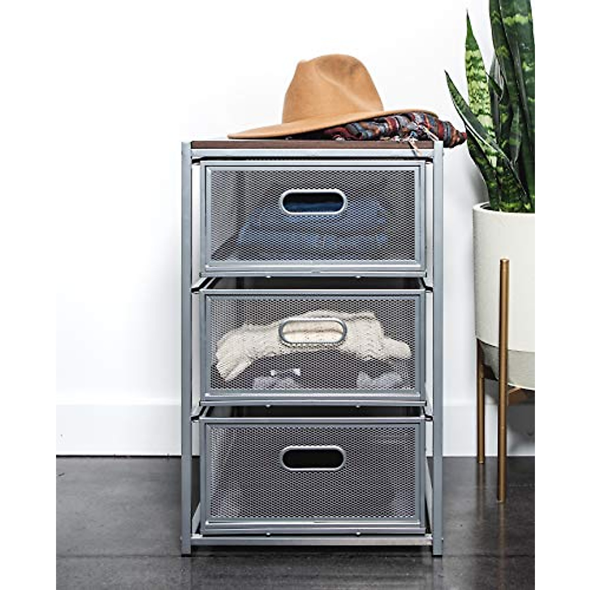 Real Home Innovations, 3-Drawer Stackable Mesh Organizer, Silver & Espresso
