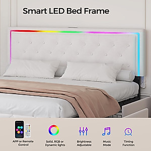Queen Bed Frame with Adjustable LED Headboard White, Upholstered Metal Platform Bed Frame with 4 Under Bed Storage Drawers on Wheels and Charging Station, No Box Spring Needed, Easy Assembly