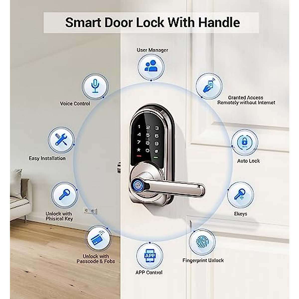 Veise Smart Lock, Keyless Entry Door Lock with Handle, Fingerprint Door Lock, 7-in-1 Smart Locks for Front Door, Electronic Digital Lock with Keypad, APP Control, Front Door Lock Set, Satin Nickel
