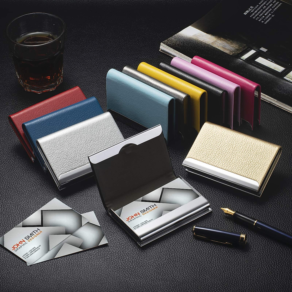 MOTYAWN Business Card Holder, Name Multi Cards Case, Pink Luxury PU Leather Credit Card ID Case - Protector Business Name Card Holder Slim Metal Wallet Pocket Holder Case for Women & Men