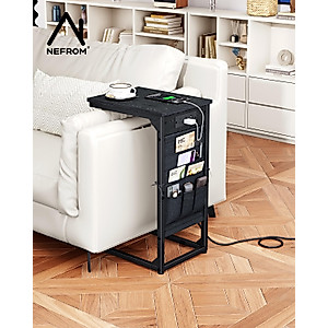 NEFROM Side Table, C-Shaped End Table with Charging Station, Small Couch Table with Storage Bag, Sofa Table for Bedroom, Living Room, Bedside ET-BK-1
