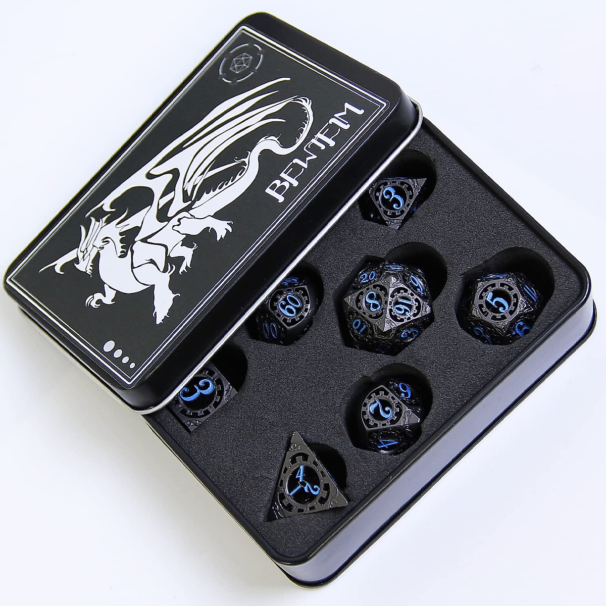 BEWTEIM New Version Steampunk Gear DND Dice Set 7pcs Polyhedral Dice d&d Dungeons and Dragons Dice Gifts RPG,MTG,Pathfinder Role Playing Games (Black Blue, Hollow)