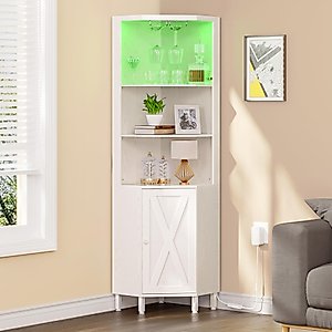 YITAHOME Corner Bar Cabinet with LED Lights & Glass Holder, 5 Tier Corner Shelf with Storage, Wine Rack Cabinet Display Shelves for Living Room, Dining Room, Kitchen, White