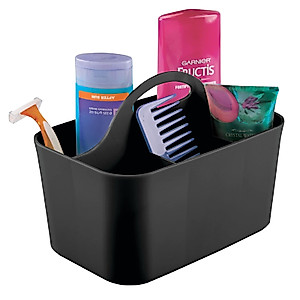 mDesign Small Plastic Shower/Bath Storage Organizer Caddy Tote with Handle for Dorm, Shelf, Cabinet - Hold Soap, Shampoo, Conditioner, Combs, Brushes, Lumiere Collection, Black