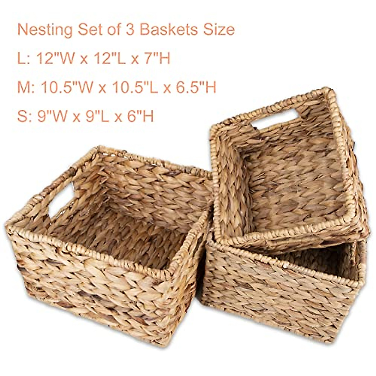 Yarlung 3 Pack Natural Banana Leaf Woven Baskets with Handles, Cube Nesting Baskets Handmade Water Hyacinth Bins Organizer Storage Box for Pantry, Living Room, Laundry Room, 3 Sizes