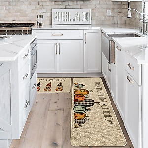 Artoid Mode Home Sweet Home Gnome Pumpkin Decorative Kitchen Mats Set of 2, The Kitchen is The Heart of The Home Seasonal Fall Holiday Party Vintage Low-Profile Floor Mat - 17x29 and 17x59 Inch