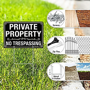 GicnKeuz No Trespassing Signs Private Property Sign with H-stakes, 12"×8" Aluminum Sign, Fade Resistant/Waterproof, Including Screws, Easy to Install, Outdoor Use