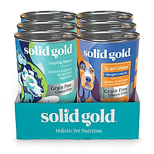 Solid Gold Wet Dog Food Variety Pack for Picky Eaters - Fit & Fabulous Chicken + Leaping Waters Chicken & Salmon Grain Free Canned Dog Food - Made with Real Protein for Sensitive Stomachs - 6 Pack