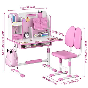 Kids Study Table and Chair Set, 2Pcs/Set Ergonomic Desk Chair with Book Stand, Height Adjustable Children School Study Table Chair Set with Sitting Corrector, Foot Pedal Partition Design (Pink)