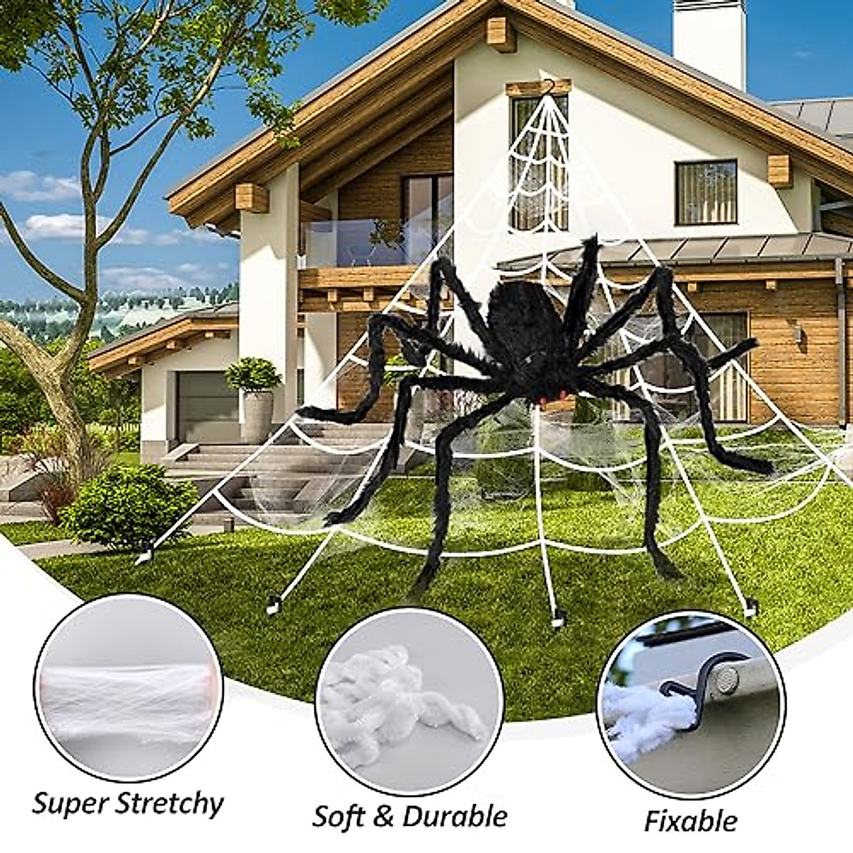 3pcs 212'' Halloween Spider Web 49" Halloween Spider Decorations Stretch Cobweb Fake Spider Giant Spider Web for Indoor Outdoor Halloween Decorations Yard Lawn Home Costumes Party Haunted House Décor